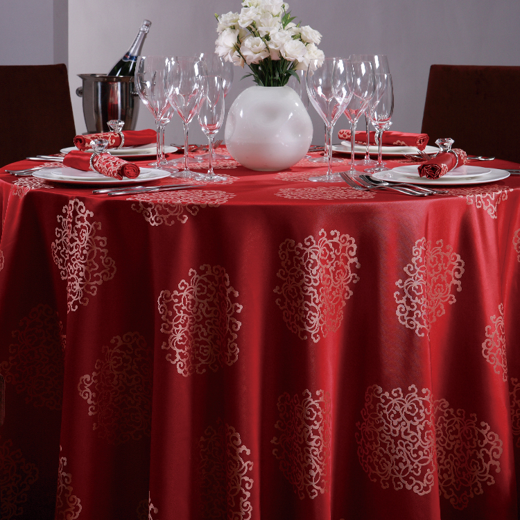 120-Inch Red Jacquard Round Tablecloth for Wedding & Hotel